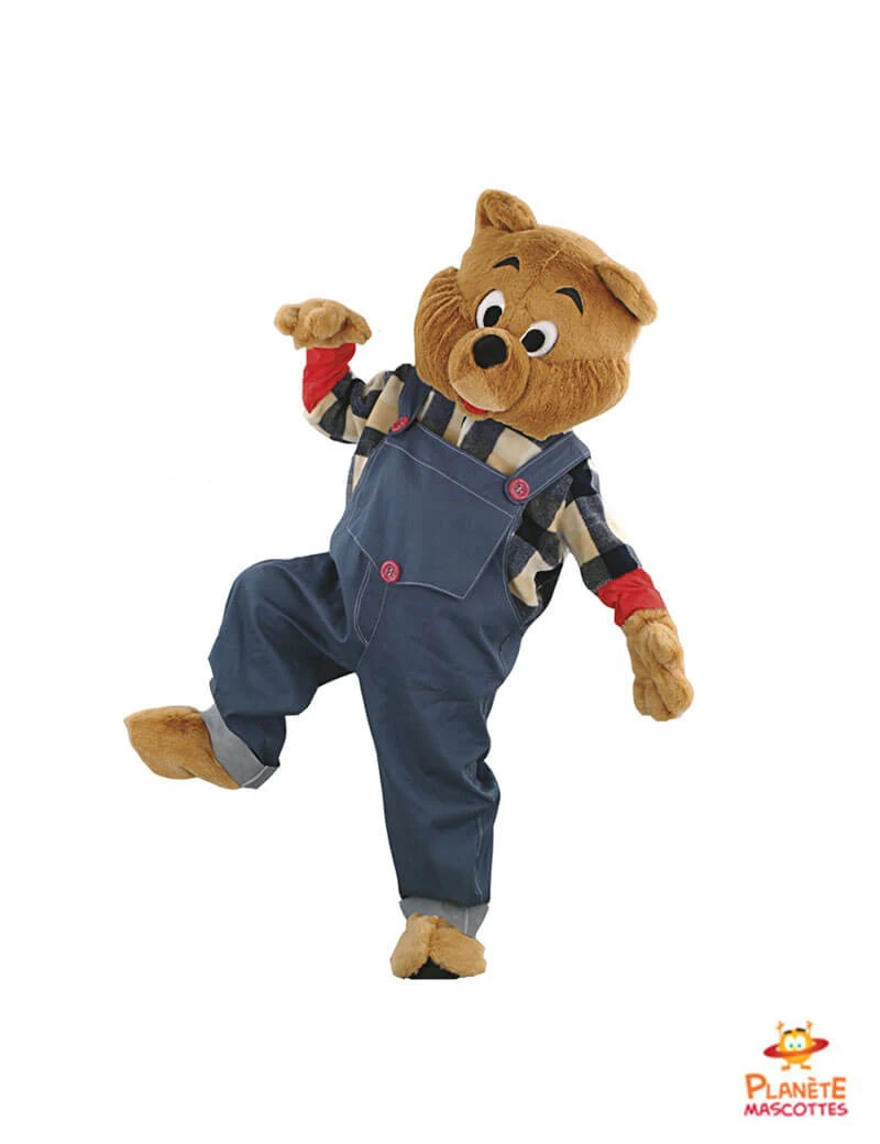 Mascot bear in overalls costume and customized mascots - Planète Mascottes